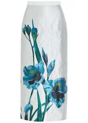 Erdem Floral Print Textured Satin Midi Skirt - White