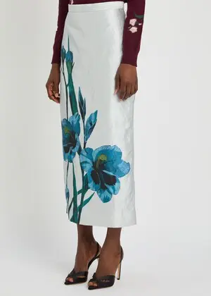 Erdem Floral Print Textured Satin Midi Skirt - White
