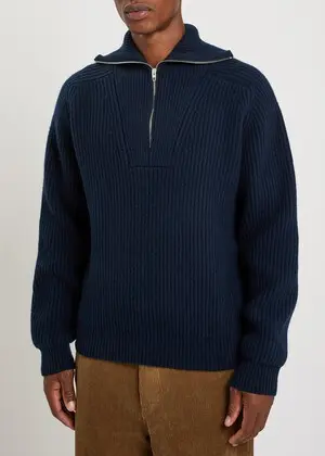 JIL SANDER High-neck Zip-up Ribbed Wool Jumper