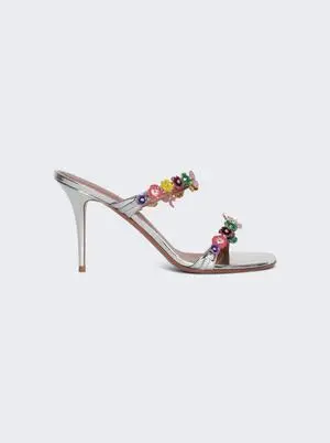 Amina Muaddi Vittoria Slipper Sandal In Mirror With Floral Embellishments - Silver