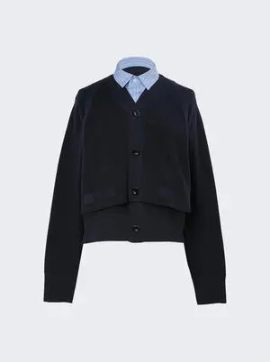 Sacai Poplin X Cotton Knit Cardigan With Blue Stripe Shirt - Navy