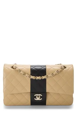 Chanel Beige & Black Quilted Lambskin Classic Double Flap Medium - Multi