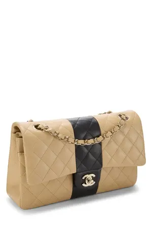 Chanel Beige & Black Quilted Lambskin Classic Double Flap Medium