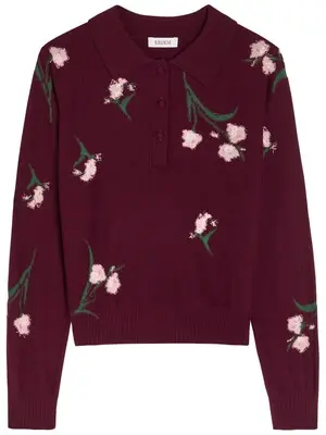 Erdem Floral Intarsia Merino Wool Polo Jumper - Bordeaux