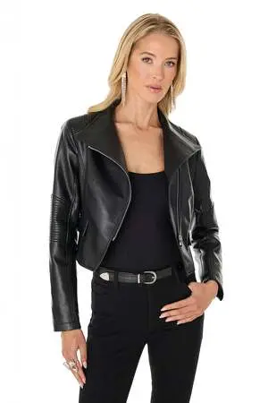 THE NOLI SHOP Katalina Moto Leather Jacket With Asymmetrical Silhouette And Zipper Cuffs