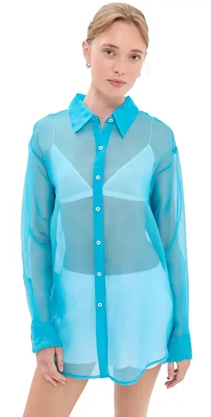 Sprwmn Oversized Silk Organza Button-down Shirt - Turquoise