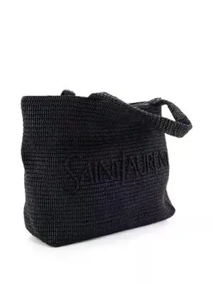 Saint Laurent Logo Embroidered Raffia Tote Bag - Black