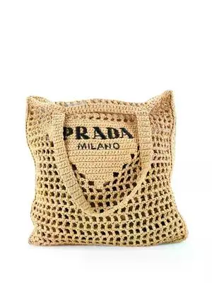 Prada Triangle Logo Open Raffia Tote Bag