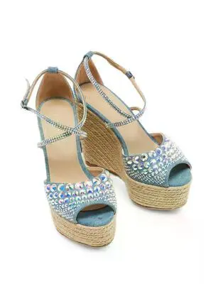 LE SILLA Crystal-embellished Denim Platform Wedge Sandals