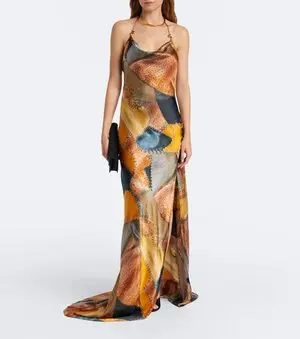 Roberto Cavalli Draped Printed Silk Satin Maxi Dress