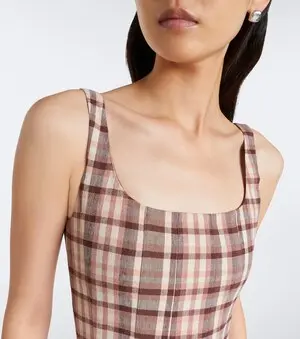Staud Wells Checked Linen-blend Midi Dress - Brown