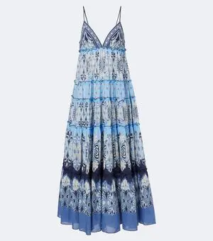 La DoubleJ Nymph Printed Tiered Cotton Maxi Dress - Blue