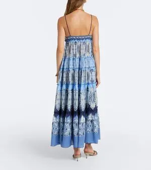 La DoubleJ Nymph Printed Tiered Cotton Maxi Dress - Blue