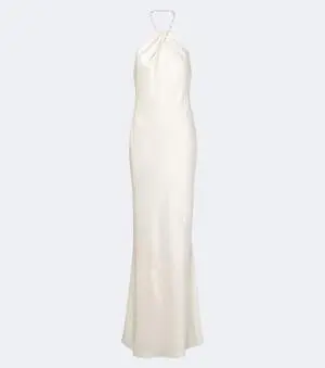 Retrofete Beaded Halterneck Satin Maxi Dress - White