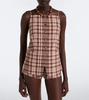 Staud Nilo Checked Linen-blend Shorts