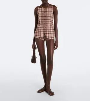 Staud Nilo Checked Linen-blend Shorts