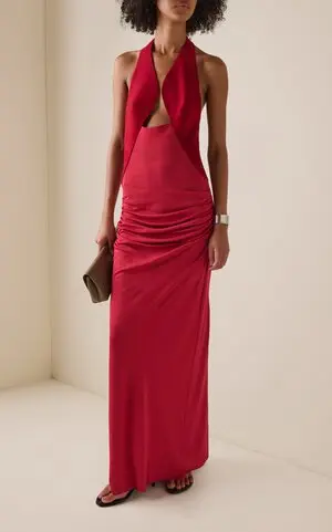 Christopher Esber Tailored Slope Suede Halter Maxi Dress