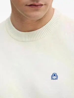 BENETTON Logo Embroidered Ribbed Trim Sweater - Neutrals