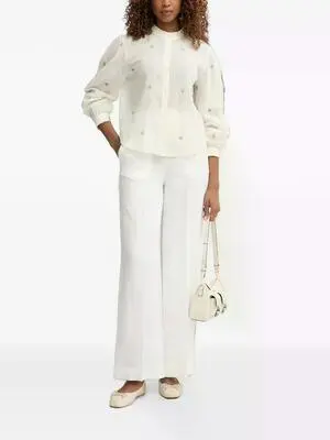 BENETTON Floral Embroidered Ruffled High Neck Blouse - Neutrals