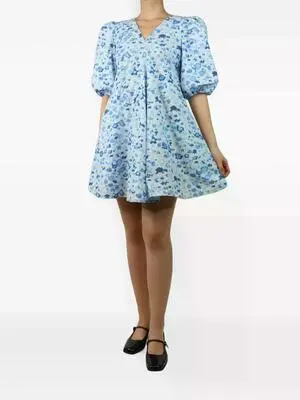 GANNI Floral-print Puff-sleeve Mini Dress - Blue