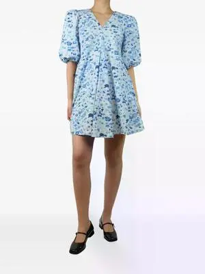 GANNI Floral Print Puff Sleeve Mini Dress
