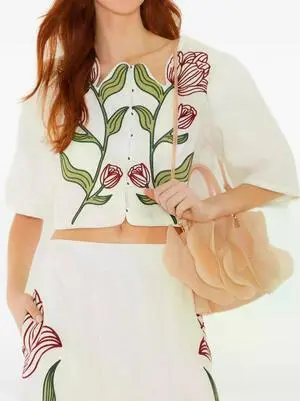 Farm Rio Embroidered Puff-sleeve Top - White
