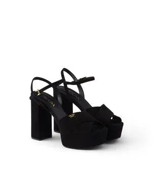 Prada Suede Platform Sandals With Ankle Strap And Logo Buckle - Black