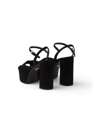 Prada Suede Platform Sandals With Ankle Strap And Logo Buckle - Black