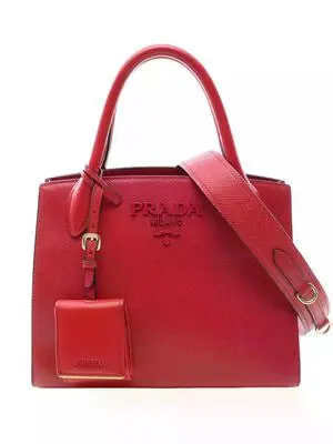 Prada 2010-2026 Medium Saffiano Cuir Monochrome Top Handle Tote Satchel - Red