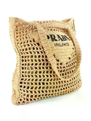Prada Triangle Logo Open Raffia Tote Bag