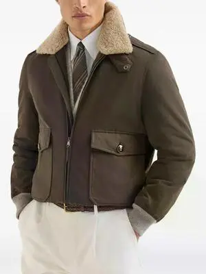 Brunello Cucinelli Waxed Techno Cotton Bomber Jacket With Detachable Shearling Collar - Grey