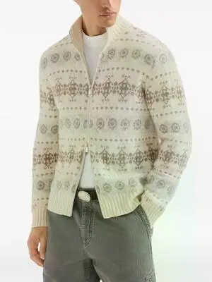 Brunello Cucinelli Cashmere Jacquard High-neck Cardigan With Zipper - Neutrals