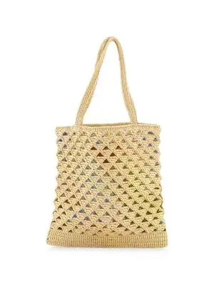 Prada Triangle Logo Raffia Crochet Small Tote Bag