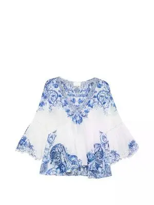 Camilla Silk Floral Print V-neck Blouse - White