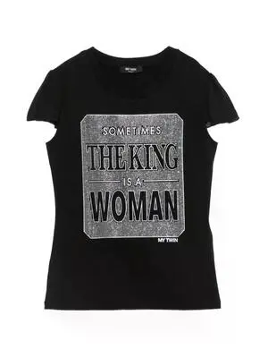 MY TWIN Slogan-print Flutter-sleeve Cotton T-shirt - Black