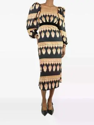 Johanna Ortiz Puff-sleeve Printed Midi Dress - Black