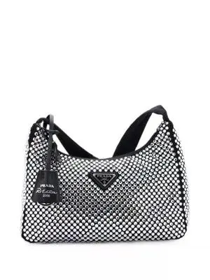 Prada Re-edition 2000 Crystal Embellished Satin Mini Hobo Bag - Black