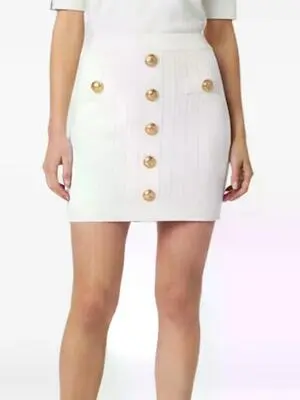 Balmain Button-embellished Rib-knit Fitted Mini Skirt - White