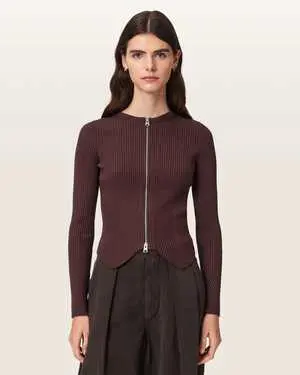 ALLSAINTS Cruz Dual Zip Ribbed Cardigan Brown