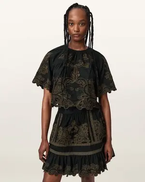 ALLSAINTS Miriam Embroidered Short Sleeve Top - Black/khaki