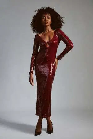 Bardot Verona Sequin Maxi Dress - Burgundy