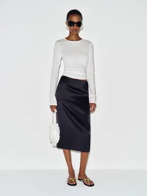 REFORMATION Helen Low Waist Silk Midi Skirt - Black