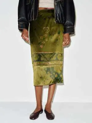 REFORMATION Helen Low Waist Silk Midi Skirt - Green