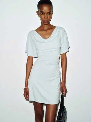 REFORMATION Nina Knit Mini Dress With Cowl Neckline And Flutter Sleeves - Blue