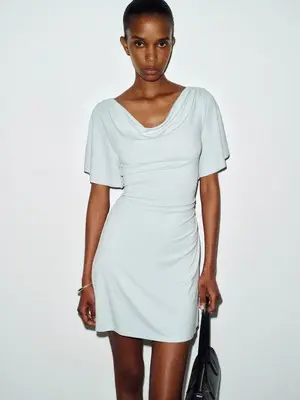 REFORMATION Nina Knit Mini Dress With Cowl Neckline And Flutter Sleeves - Blue