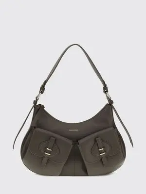COCCINELLE Textured Leather Shoulder Bag With Buckled Pockets - Mud