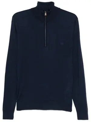 Etro Wool And Silk Sweater With Zip And Pegasus Embroidery - Blue