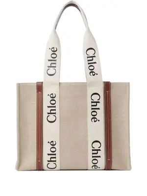 Chloé Tote Bag Woody In Linen - White