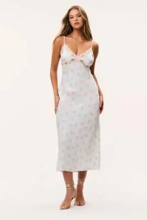 LoveShackFancy Idris Floral Satin Midi Dress  Eucalyptus