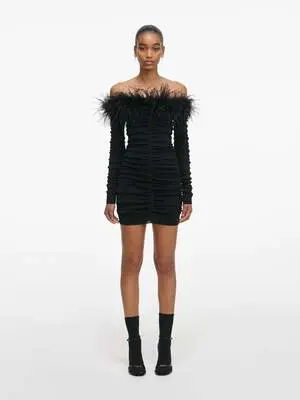 SELF-PORTRAIT Feather-trimmed Ruched Mini Dress